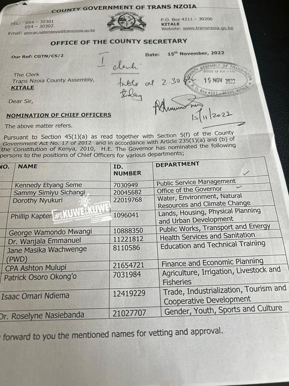 Governor Natembeya nominates Transnzoia Chief Officers - #iKUWEiKUWE ...